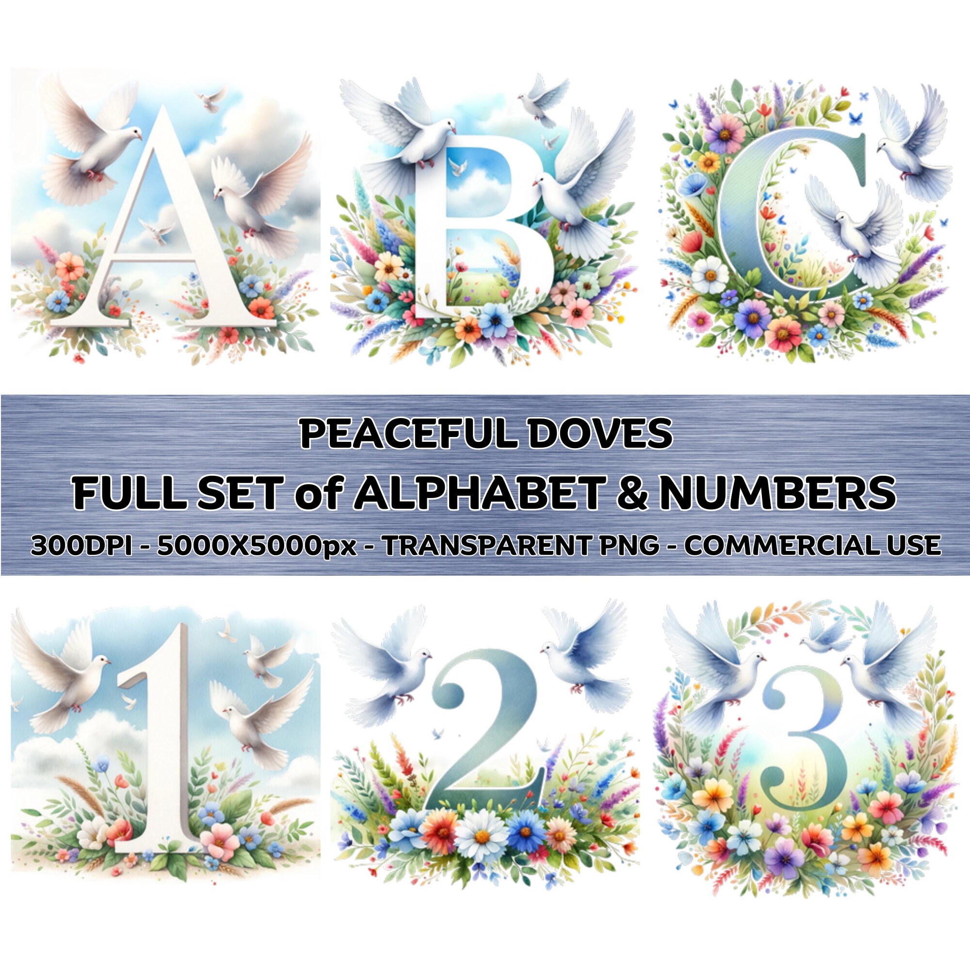 Peaceful Doves Full Set of Alphabet & Numbers Clipart PNG Transparent ...
