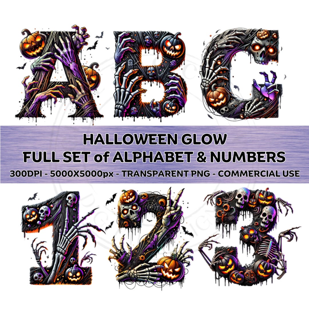 SCARY HALLOWEEN Glow Font Full Set of Alphabet & Numbers,clipart PNG ...