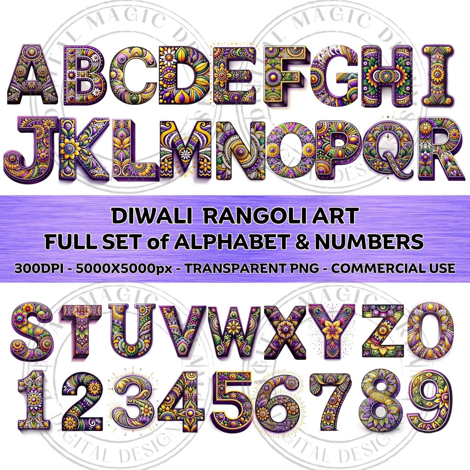 Diwali RANGOLI Art. Diwali Fonts Full Set of Alphabet and Numbers ...
