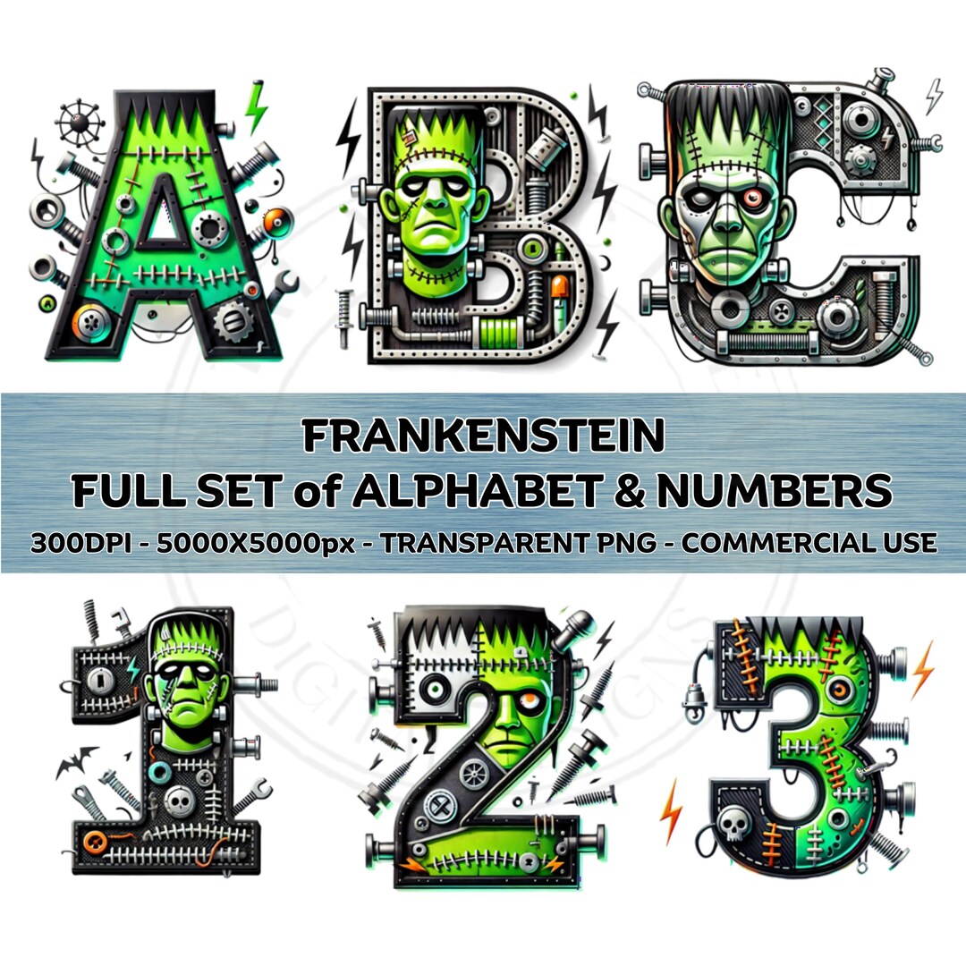 FRANKENSTEIN HALLOWEEN Font Full Set of Alphabet & Numbers,clipart PNG ...
