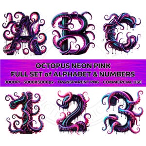 OCTOPUS NEON Pink Font Full Set of Alphabet & Numbers,clipart PNG ...