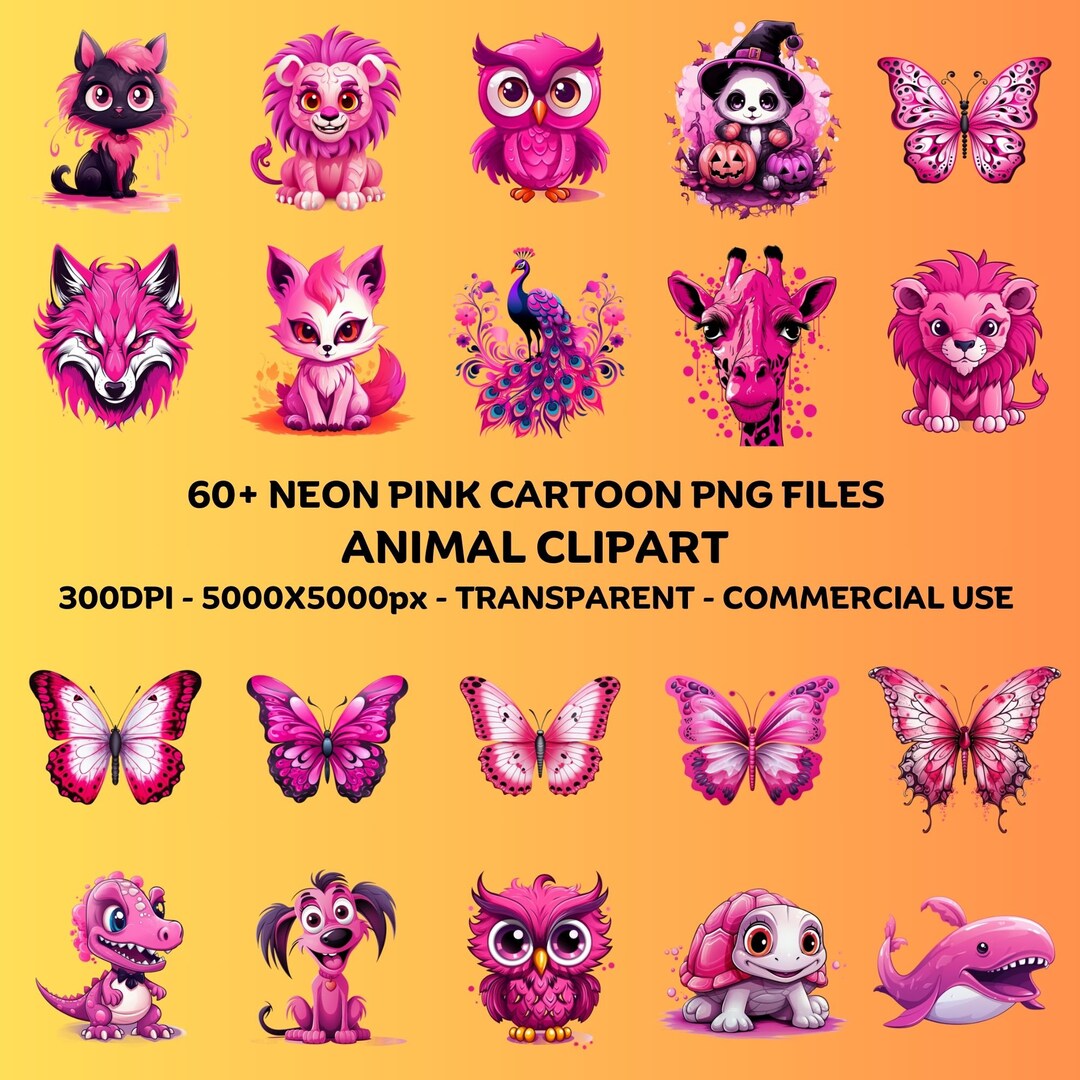 60 NEON Pink Halloween Cartoon Clipart PNG Set Transparent Background ...