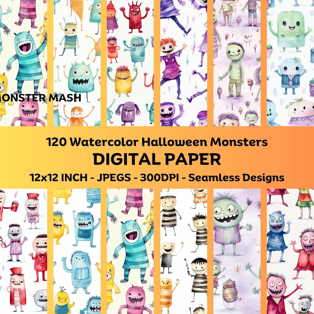 120 Plus Monster Halloween Digital Paper Watercolour Monster Digital ...