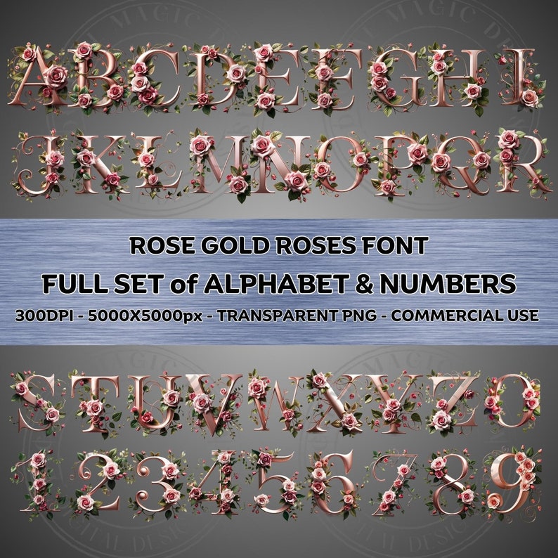 3D ROSE GOLD Roses Font Full Set of Alphabet & Numbers Clipart PNG ...