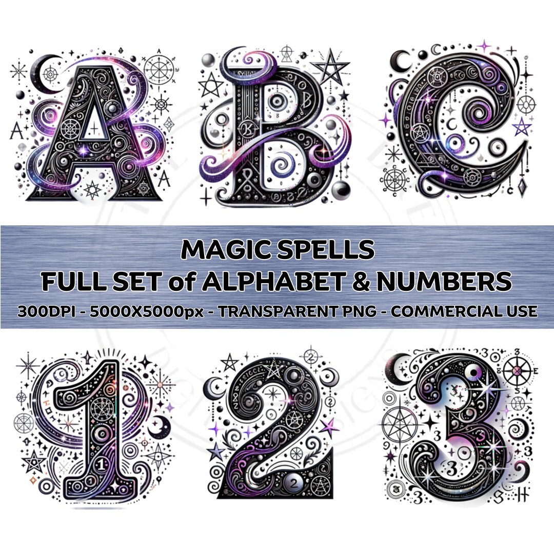 MAGIC SPELLS Font Full Set of Alphabet & Numbers,clipart PNG ...