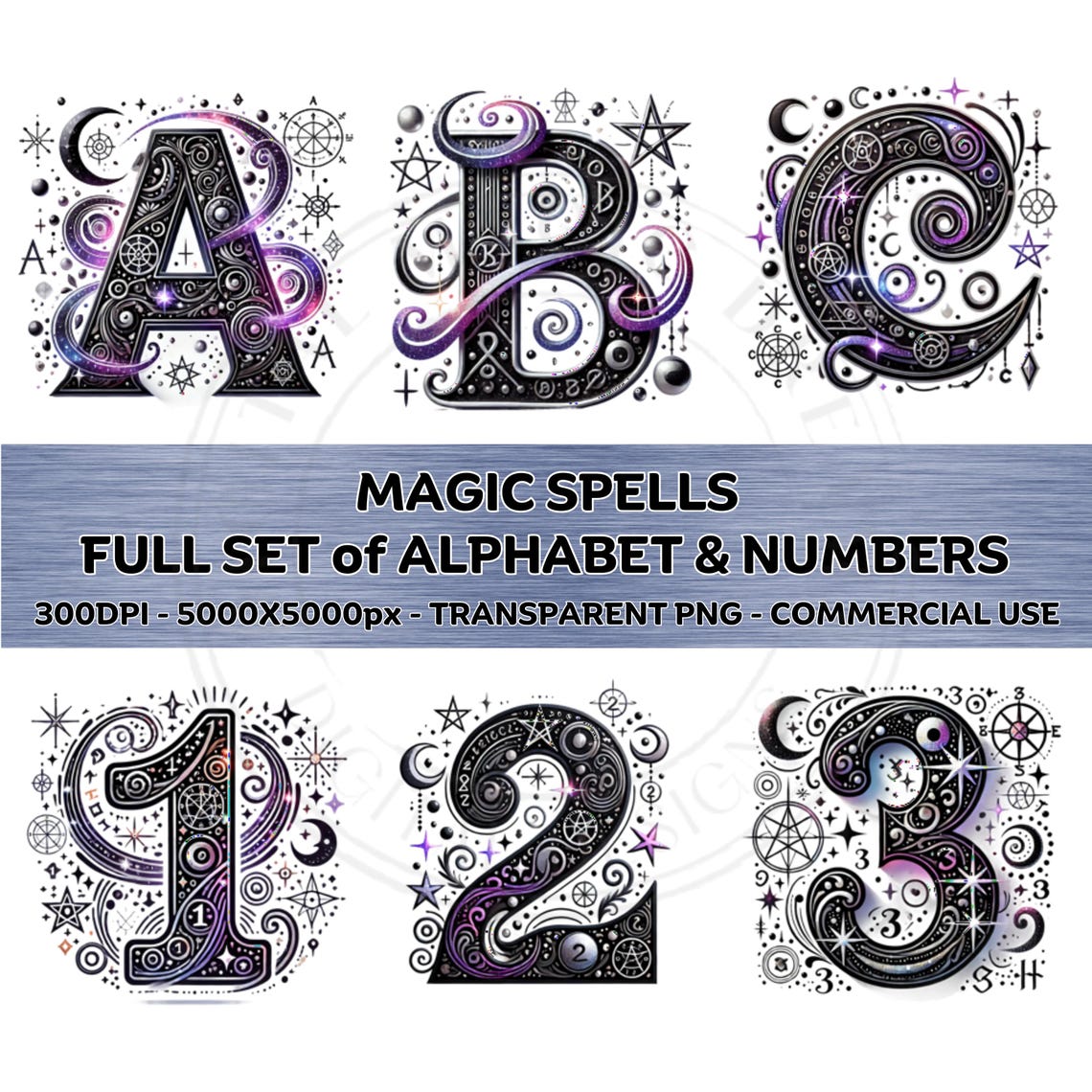 MAGIC SPELLS Font Full Set of Alphabet & Numbers,clipart PNG ...