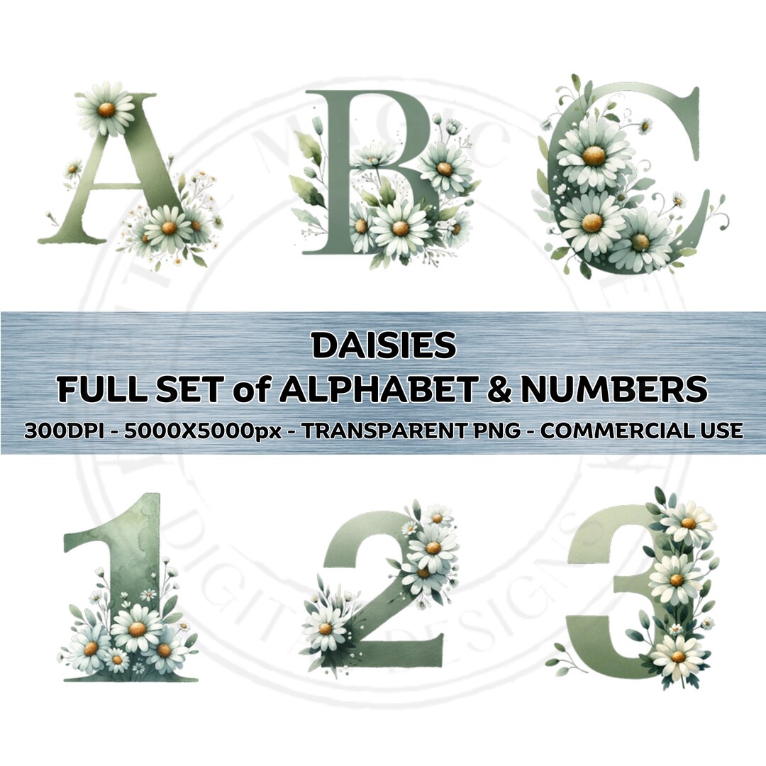 DAISY Flowers Font Full Set Alphabet & Numbers Sage Green Letters ...