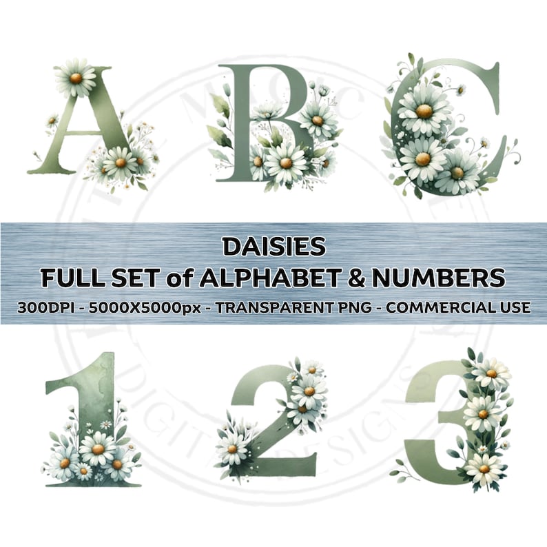 DAISY Flowers Font Full Set Alphabet & Numbers Sage Green Letters ...