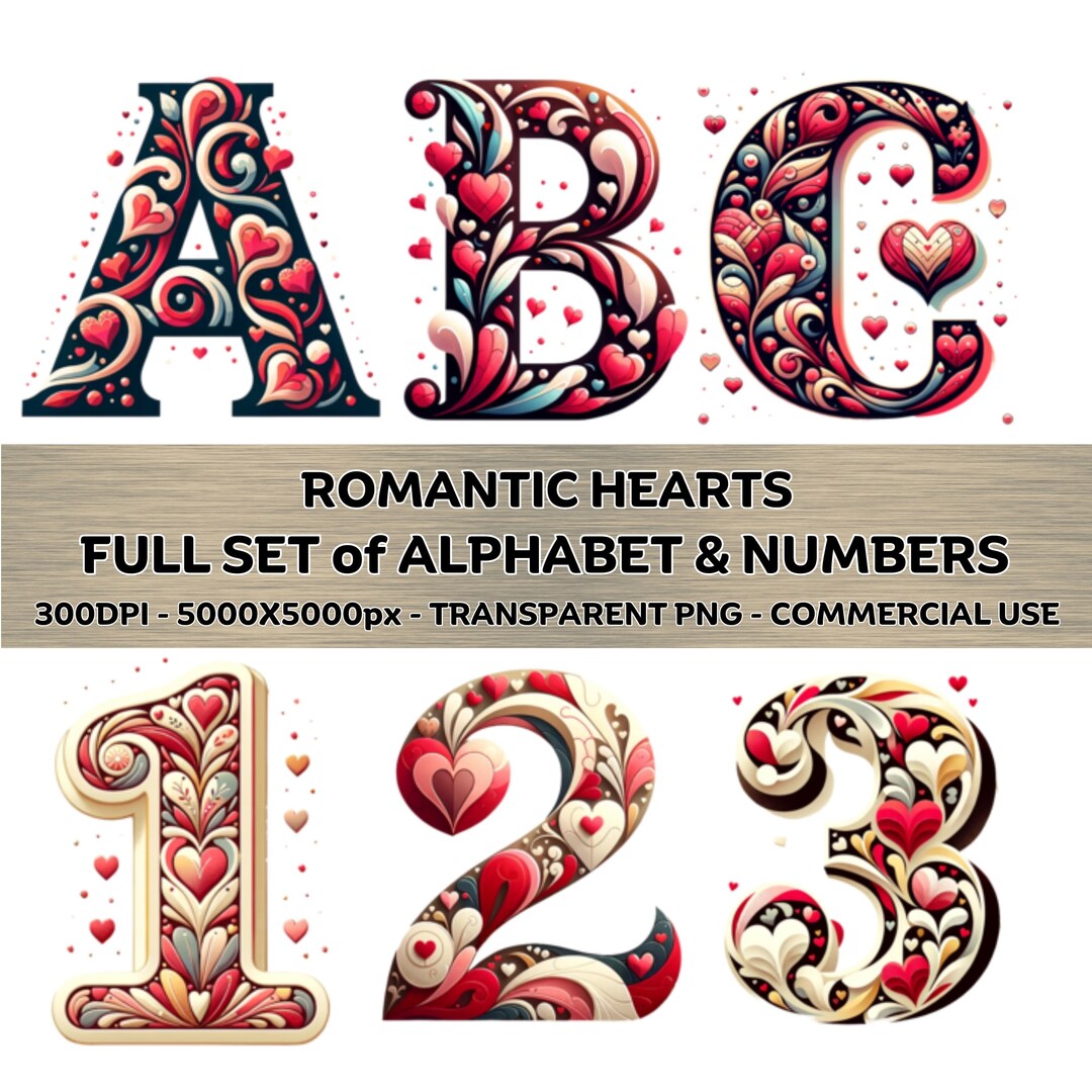 ROMANTIC Hearts Font Full Set Alphabet & Numbers Clipart PNG ...