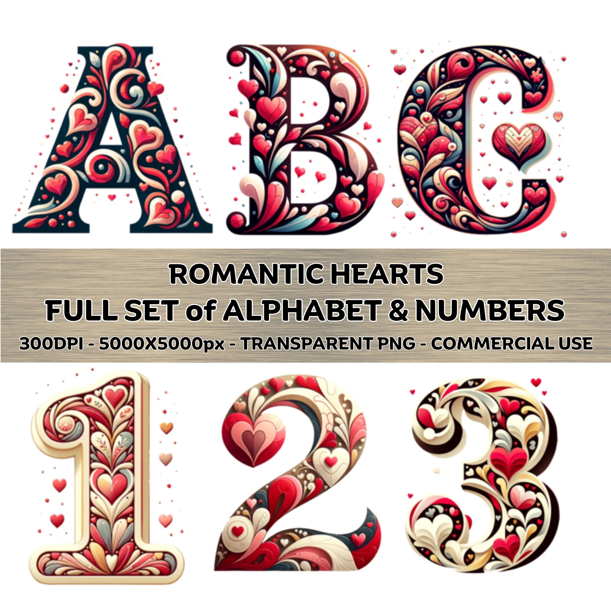 ROMANTIC Hearts Font Full Set Alphabet & Numbers Clipart PNG ...
