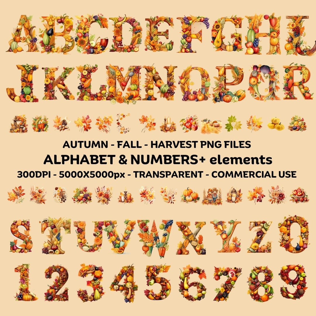 Fall Autumn Alphabet & Numbers Clipart PNG Set Transparent Background ...