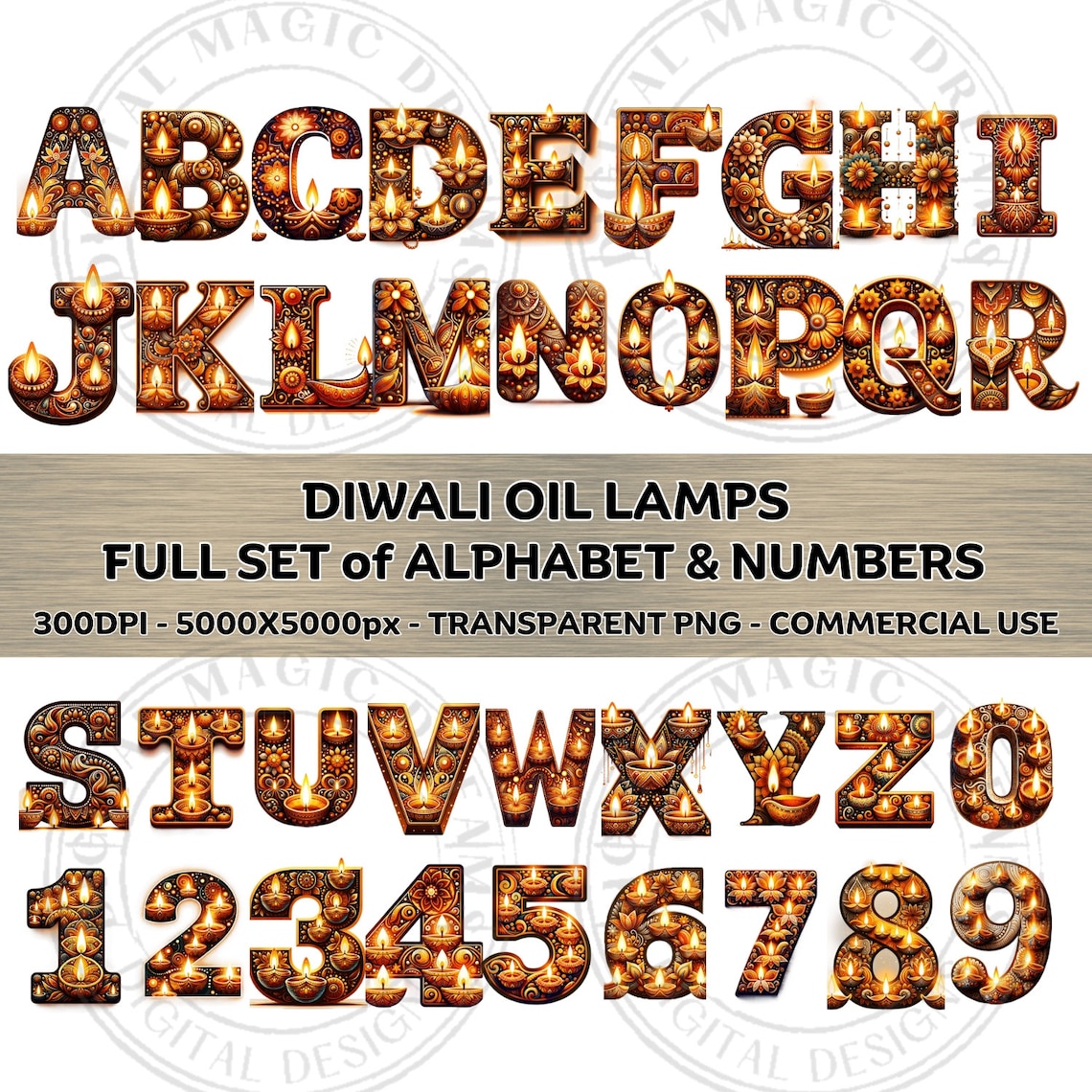 Diwali Lamps Fonts. Diwali Full Set of Alphabet and Numbers Clipart PNG ...
