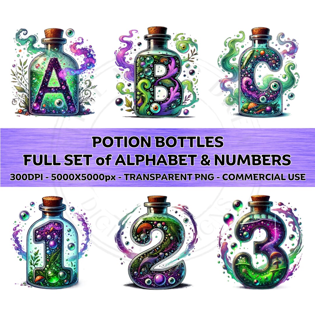 POTION BOTTLES Halloween Font Full Set of Alphabet & Numbers,clipart ...