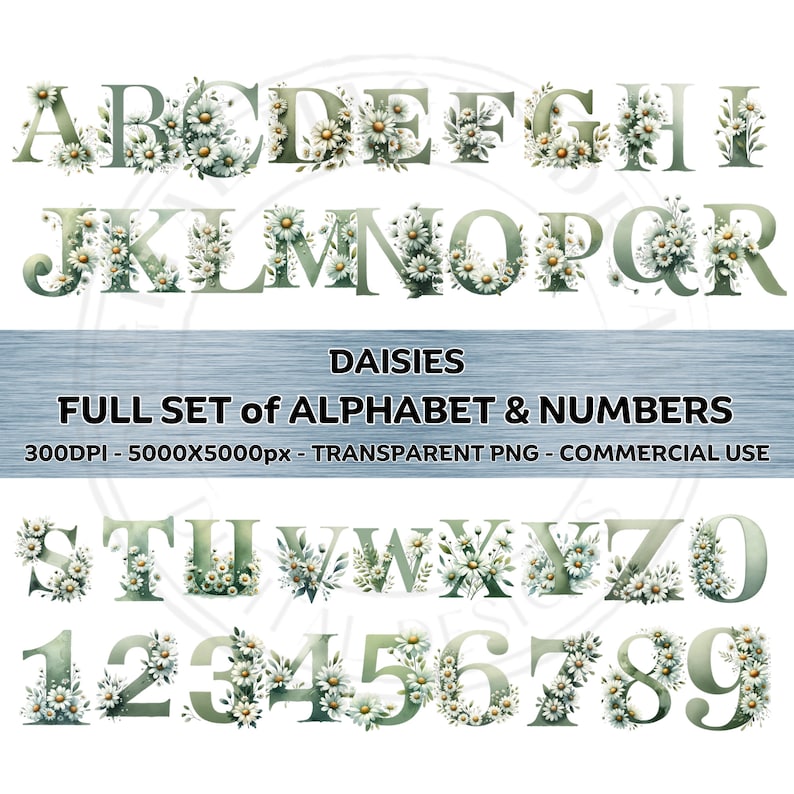 DAISY Flowers Font Full Set Alphabet & Numbers Sage Green Letters ...