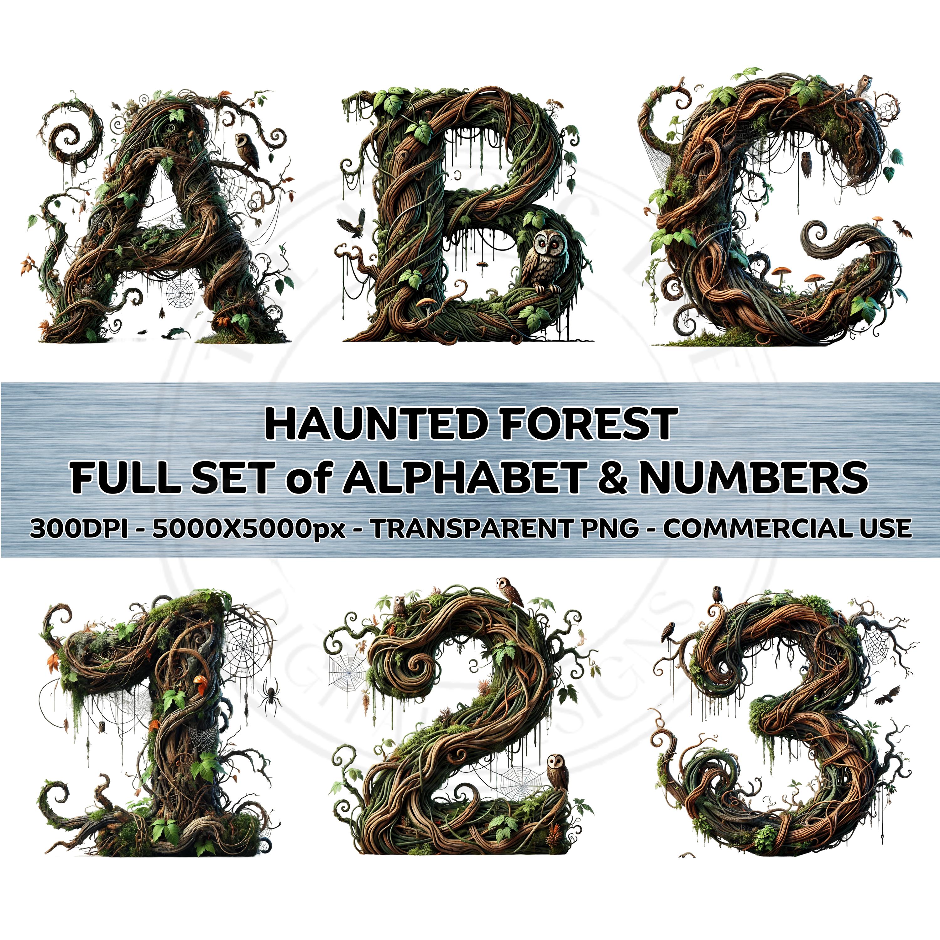 HAUNTED FOREST Halloween Font Full Set of Alphabet & Numbers,clipart ...