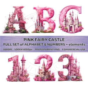 Pink Fairy Castle Alphabet & Numbers Clipart PNG Set Transparent ...