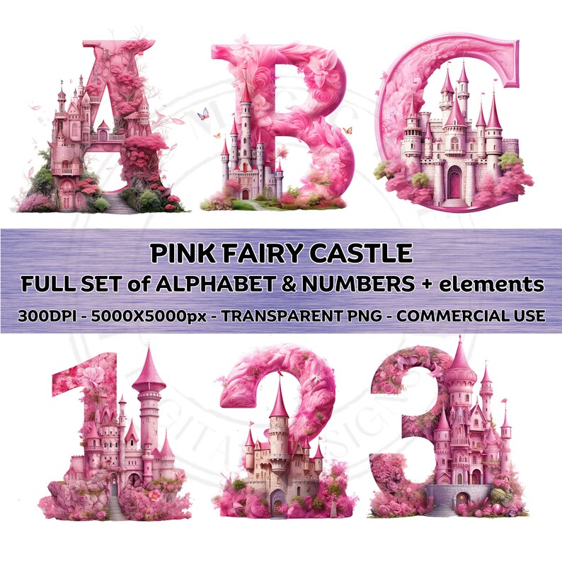 Pink Fairy Castle Alphabet & Numbers Clipart PNG Set Transparent ...