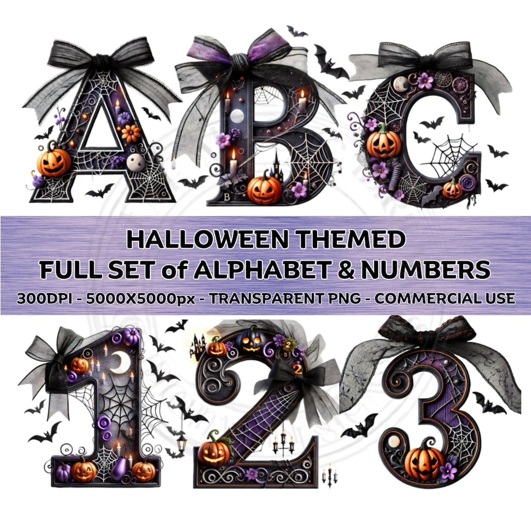 HALLOWEEN THEMED Alphabet & Numbers Font Clipart PNG Set Transparent ...