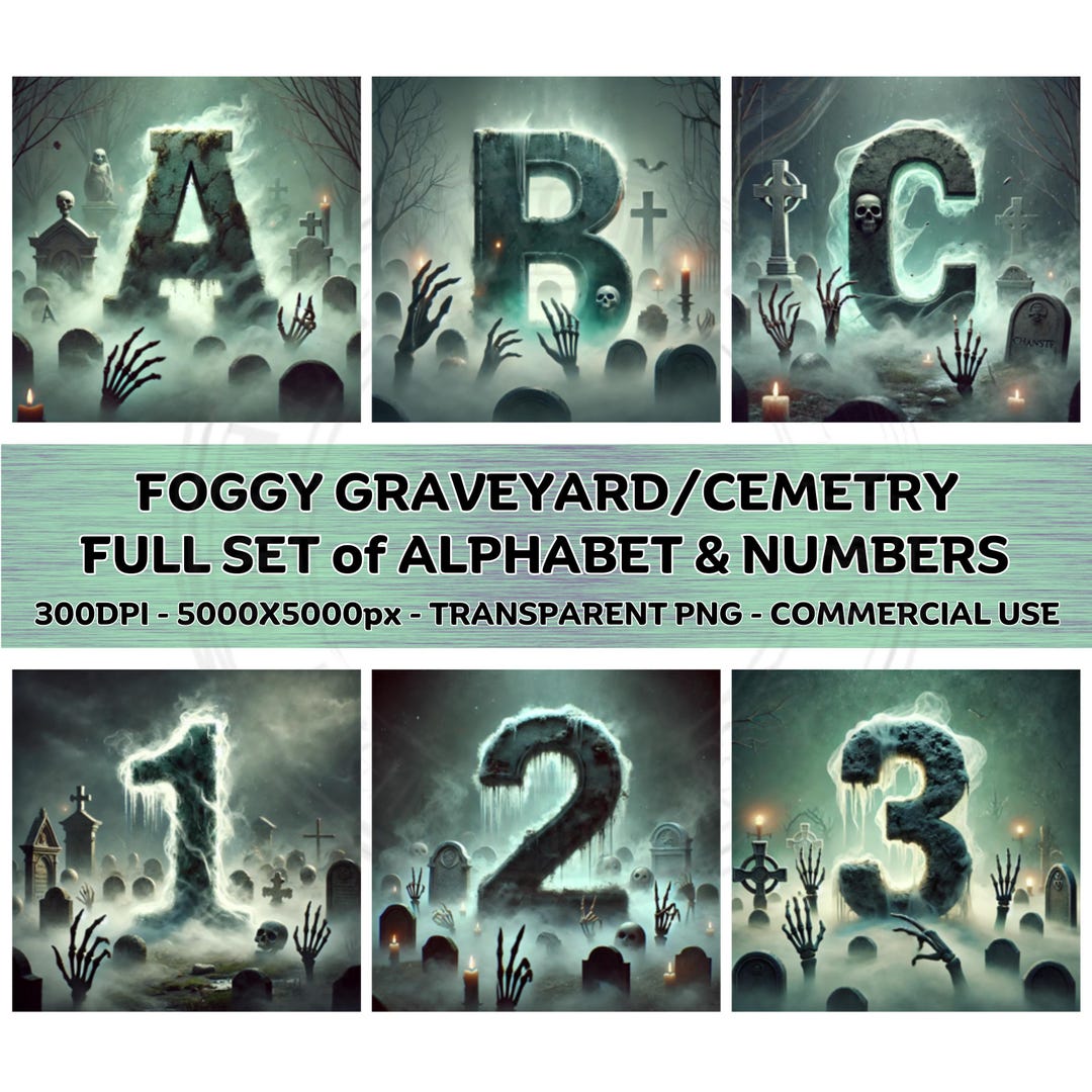 FOGGY CEMETERY Grave Font Full Set of Alphabet & Numbers Clipart PNG ...