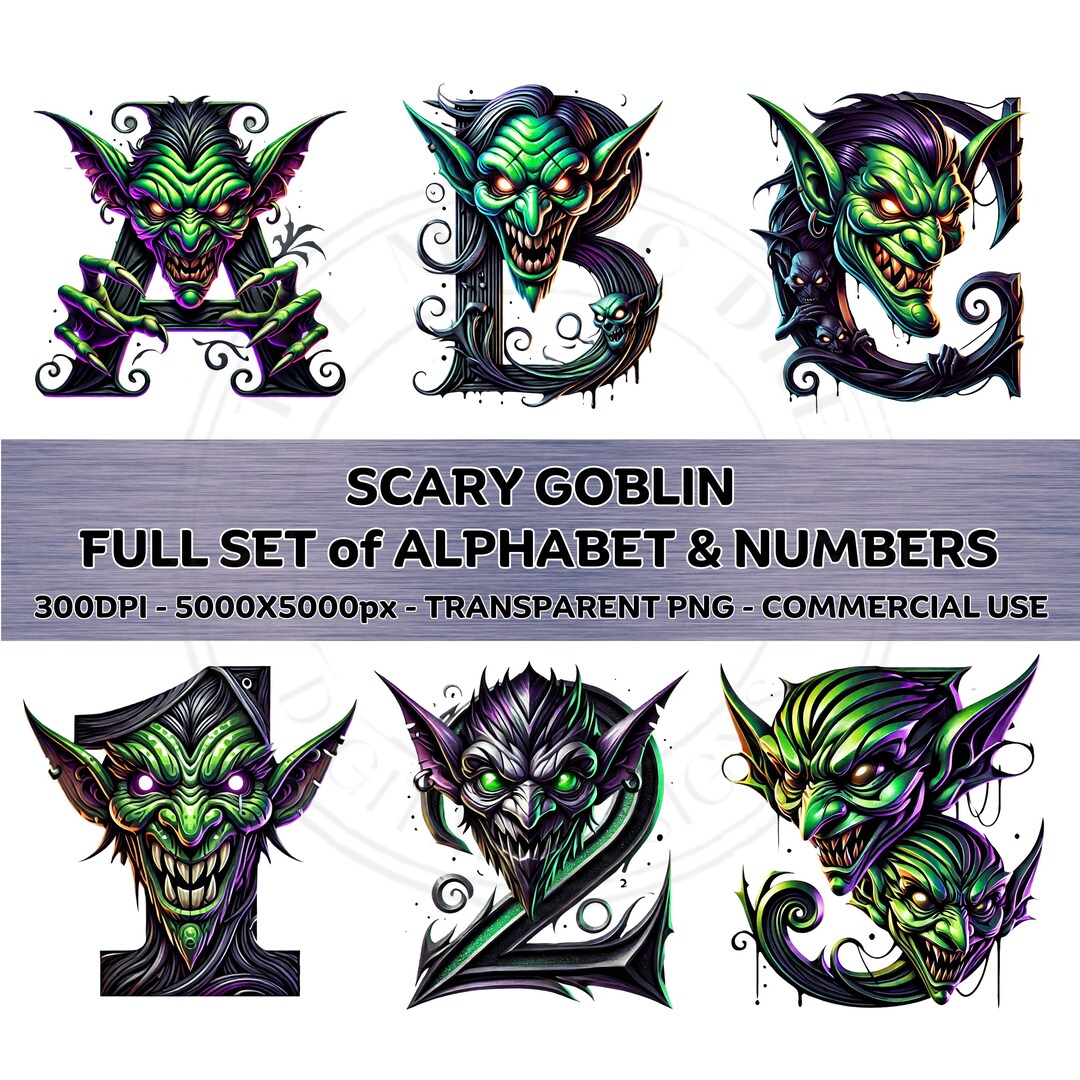 SCARY GOBLIN Font Full Set of Alphabet & Numbers Clipart PNG ...