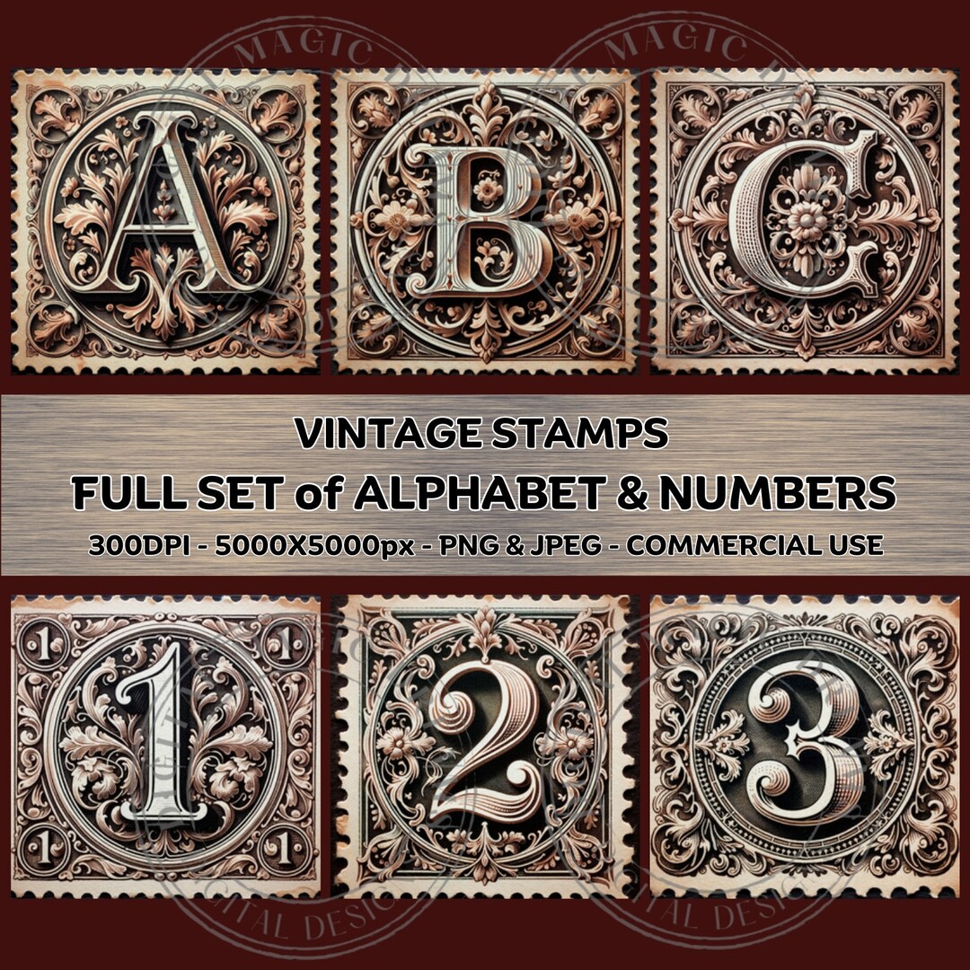 Vintage Stamps Font Full Set of Alphabet & Numbers Clipart PNG and ...