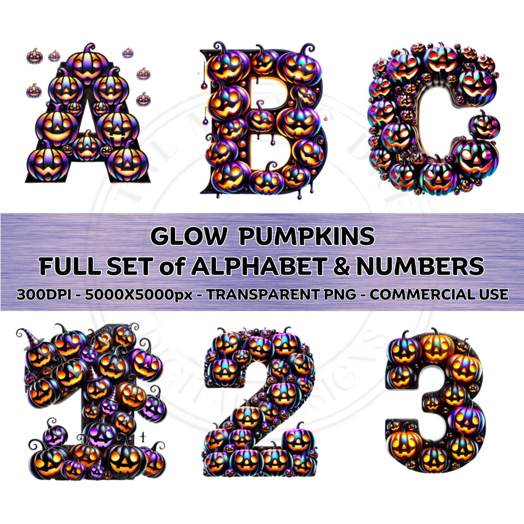 GLOW PUMPKINS Font Full Set of Alphabet & Numbers Clipart PNG ...