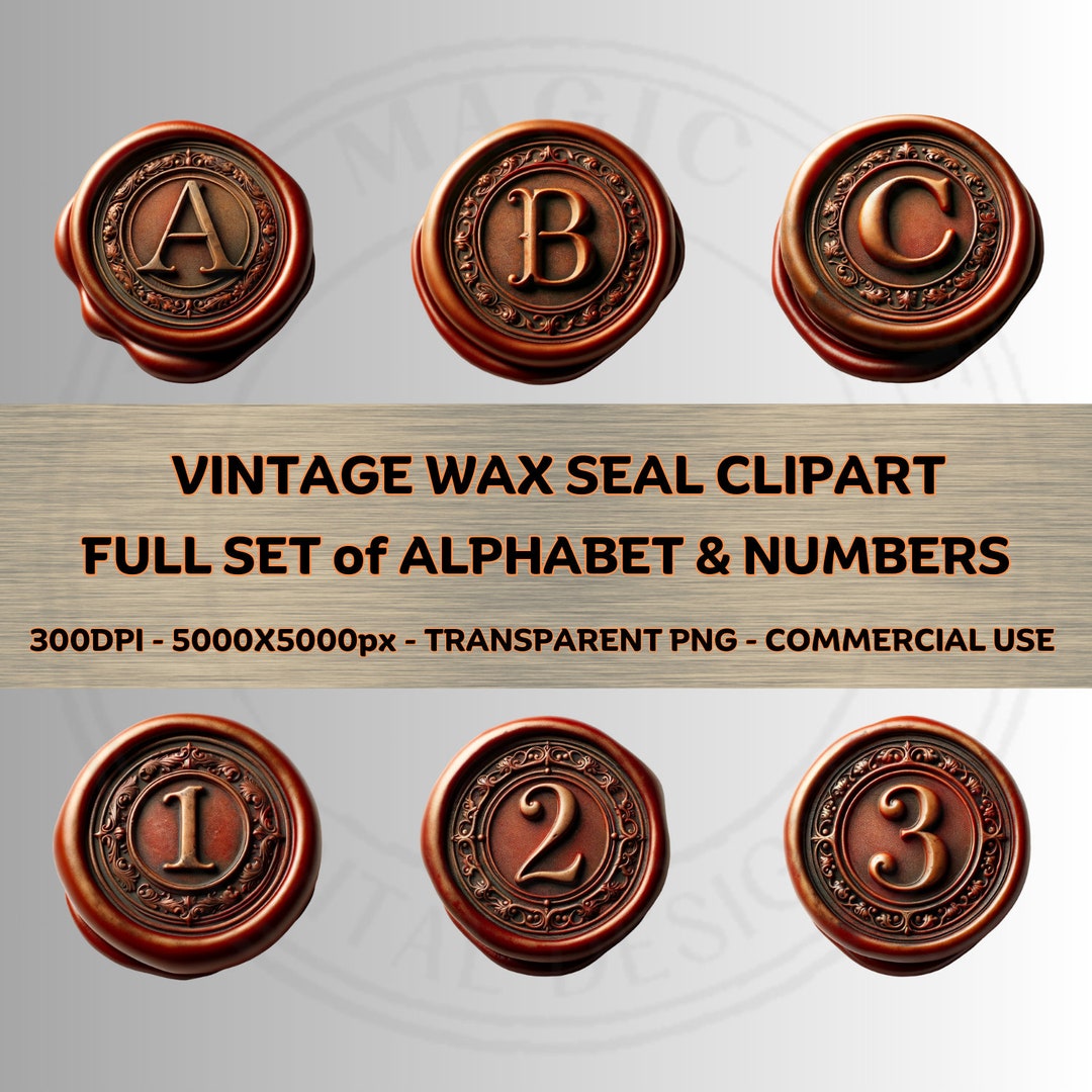 Vintage Wax Seal Stamps Font Full Set of Alphabet & Numbers Clipart PNG ...
