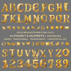 Gold Brush Strokes Alphabet & Numbers Clipart PNG Set (digital Download ...