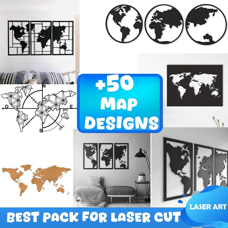 50 Map Designs for Laser Cutting, Multipurpose Designs, Cdr, Dxf, Svg ...