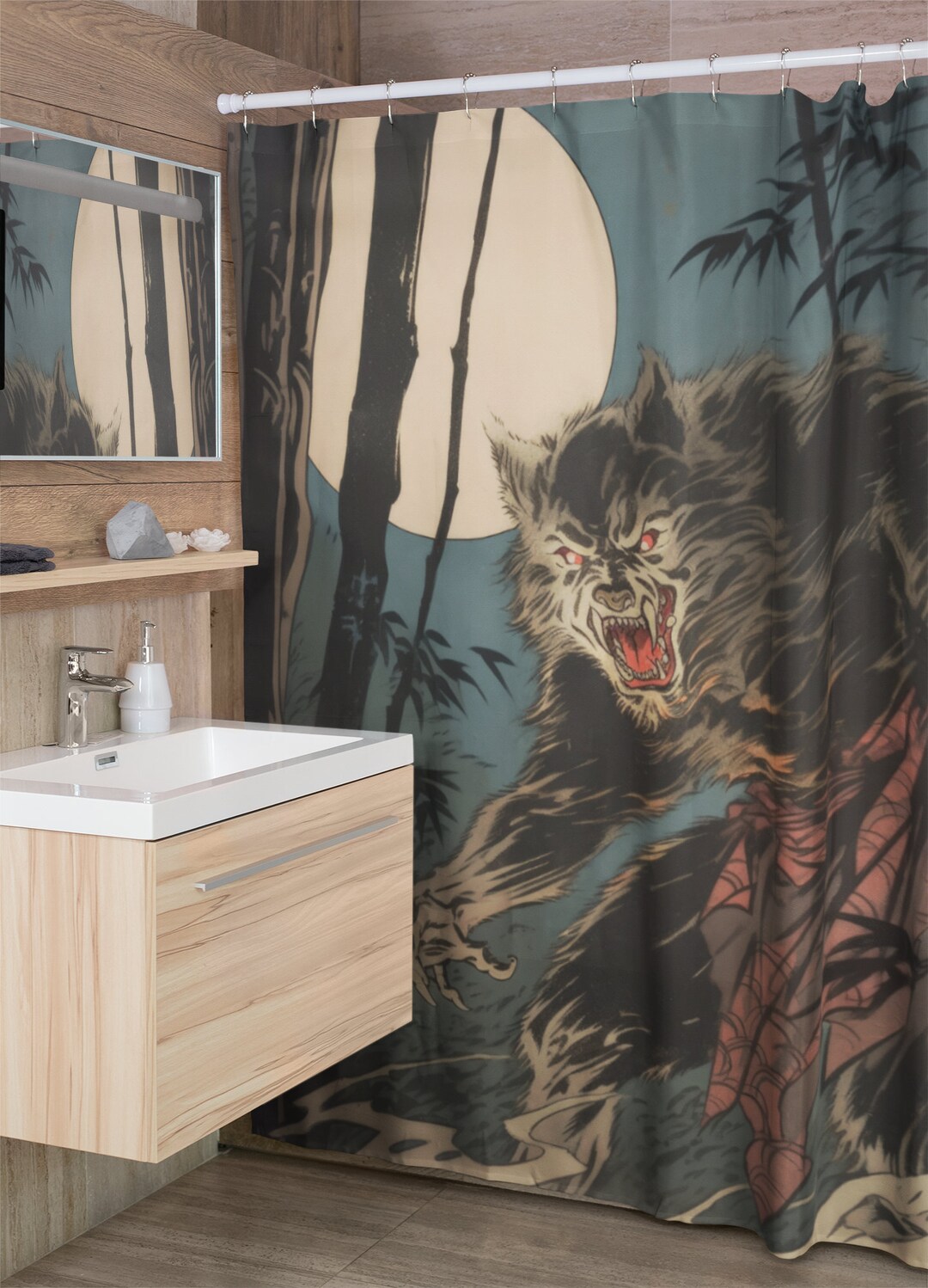 Wolfman Shower Curtain - Japanese Art Style - Ukiyo-e Werewolf Bathroom ...