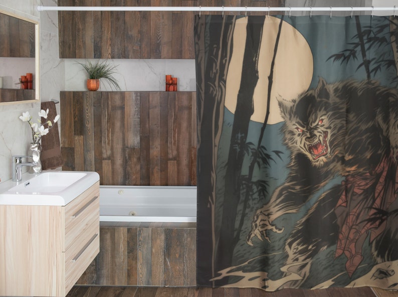 Wolfman Shower Curtain - Japanese Art Style - Ukiyo-e Werewolf Bathroom ...