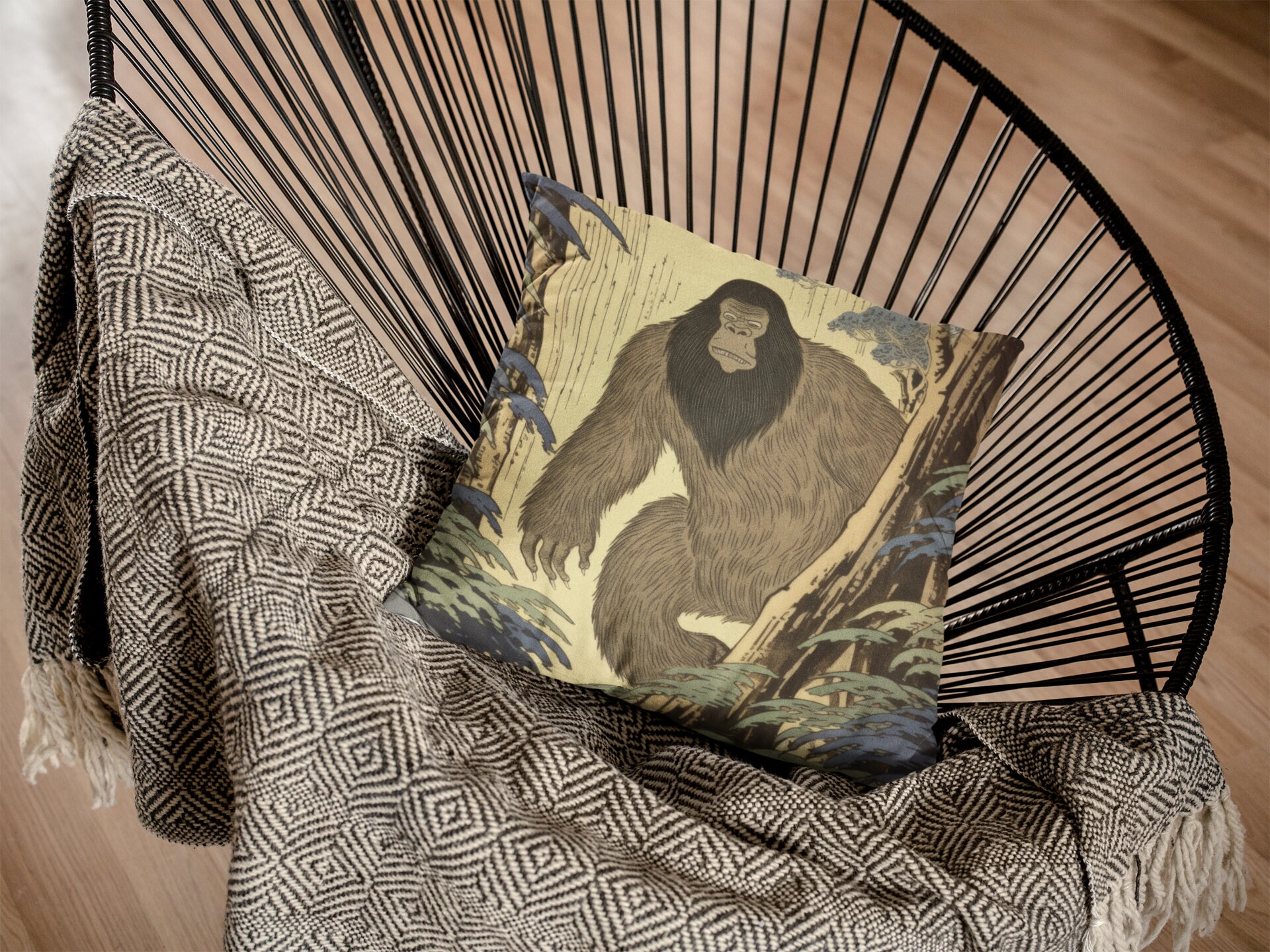 Bigfoot Cryptid Throw Pillow - Ukiyo-e Inspired Home Decor Items ...