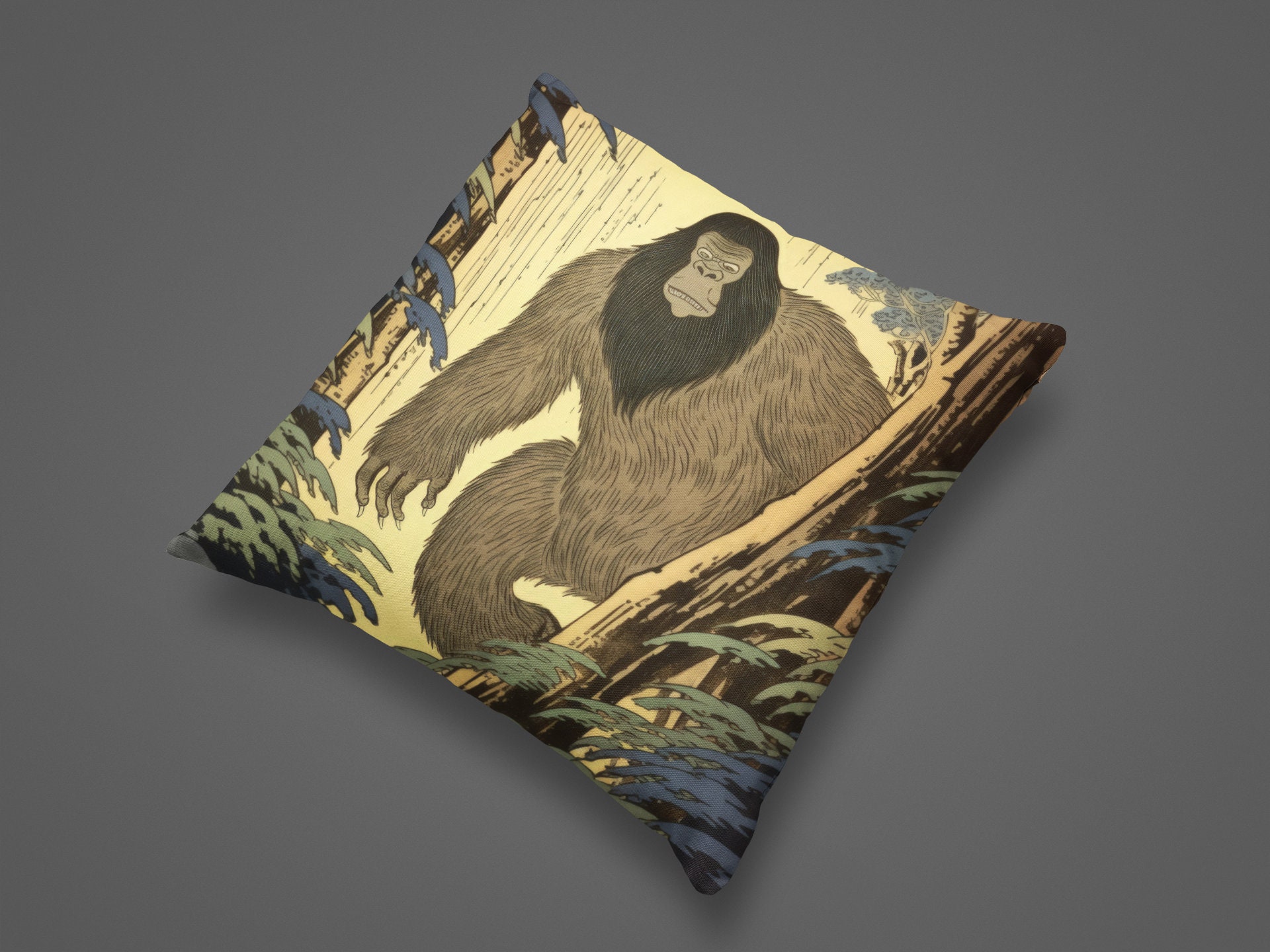 Bigfoot Cryptid Throw Pillow - Ukiyo-e Inspired Home Decor Items ...