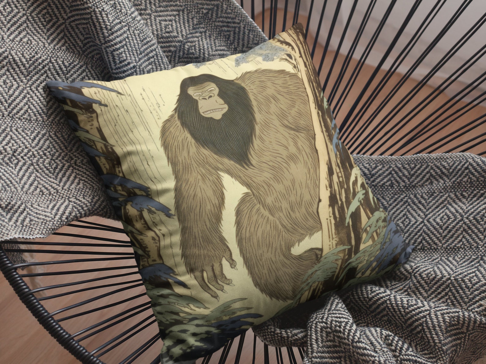 Bigfoot Cryptid Throw Pillow - Ukiyo-e Inspired Home Decor Items ...