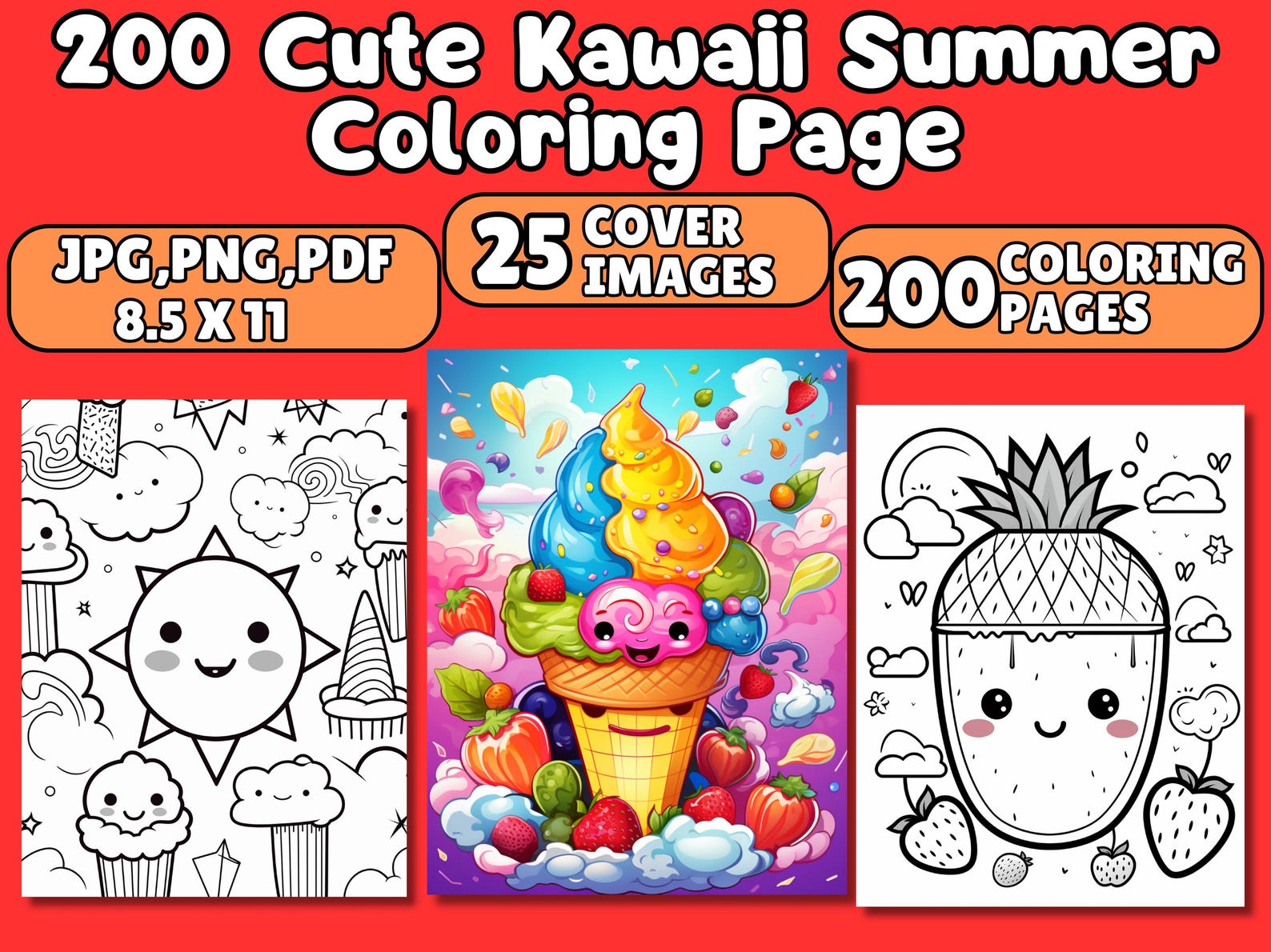 Best Seller 200 Cute Kawaii Summer Coloring Pages for Kids & Adults ...