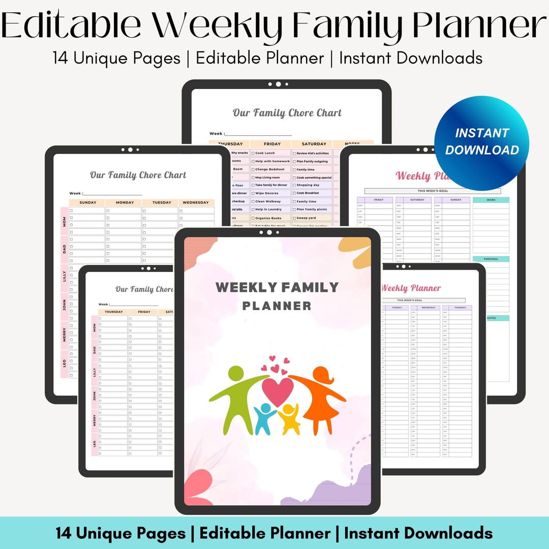 Editable Weekly Family Planner: Chore Chart, Meal Plan (digital ...