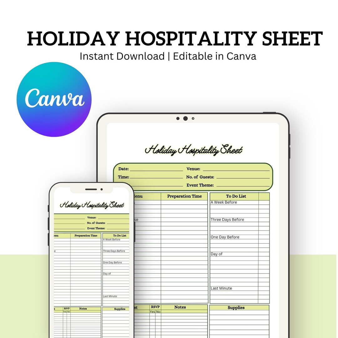Printable Hospitality Sheet Holiday Preparation Sheet Menu List Guest ...
