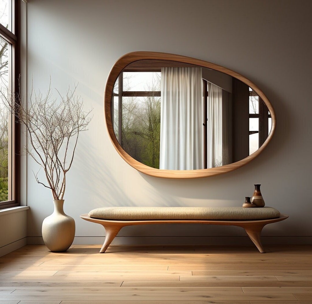 Asymmetrical Wooden Wall Mirror With Organic Frame, Handmade for Living ...