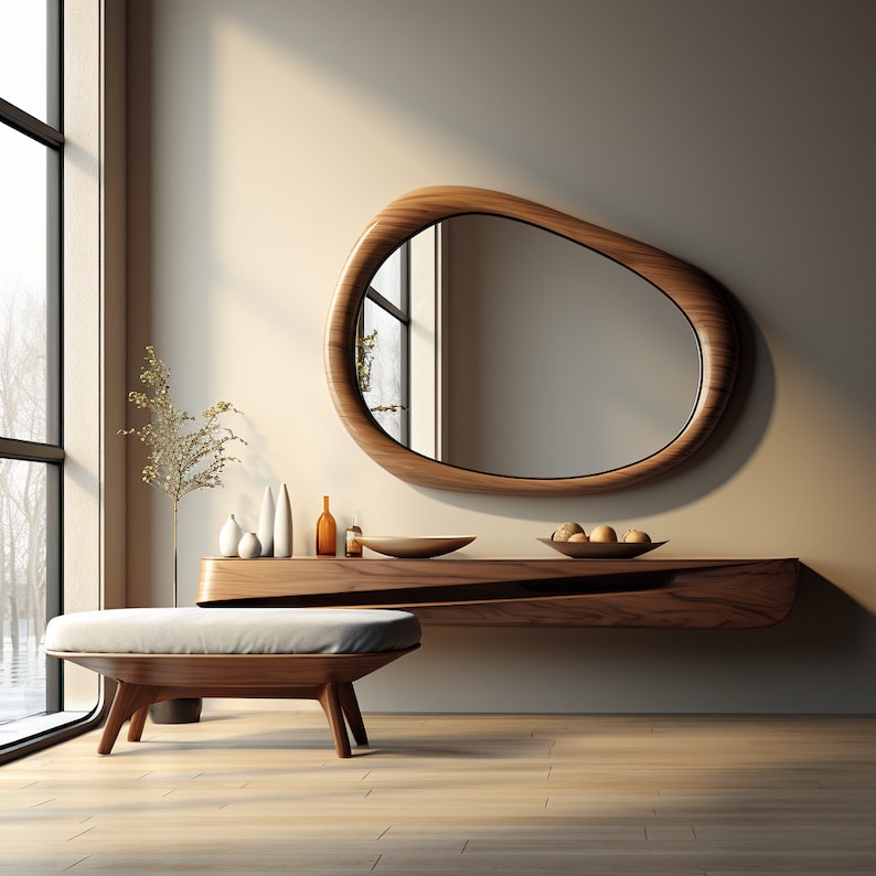 Asymmetrical Wooden Frame Mirror, Irregular Mirror, Home Decor Mirror ...