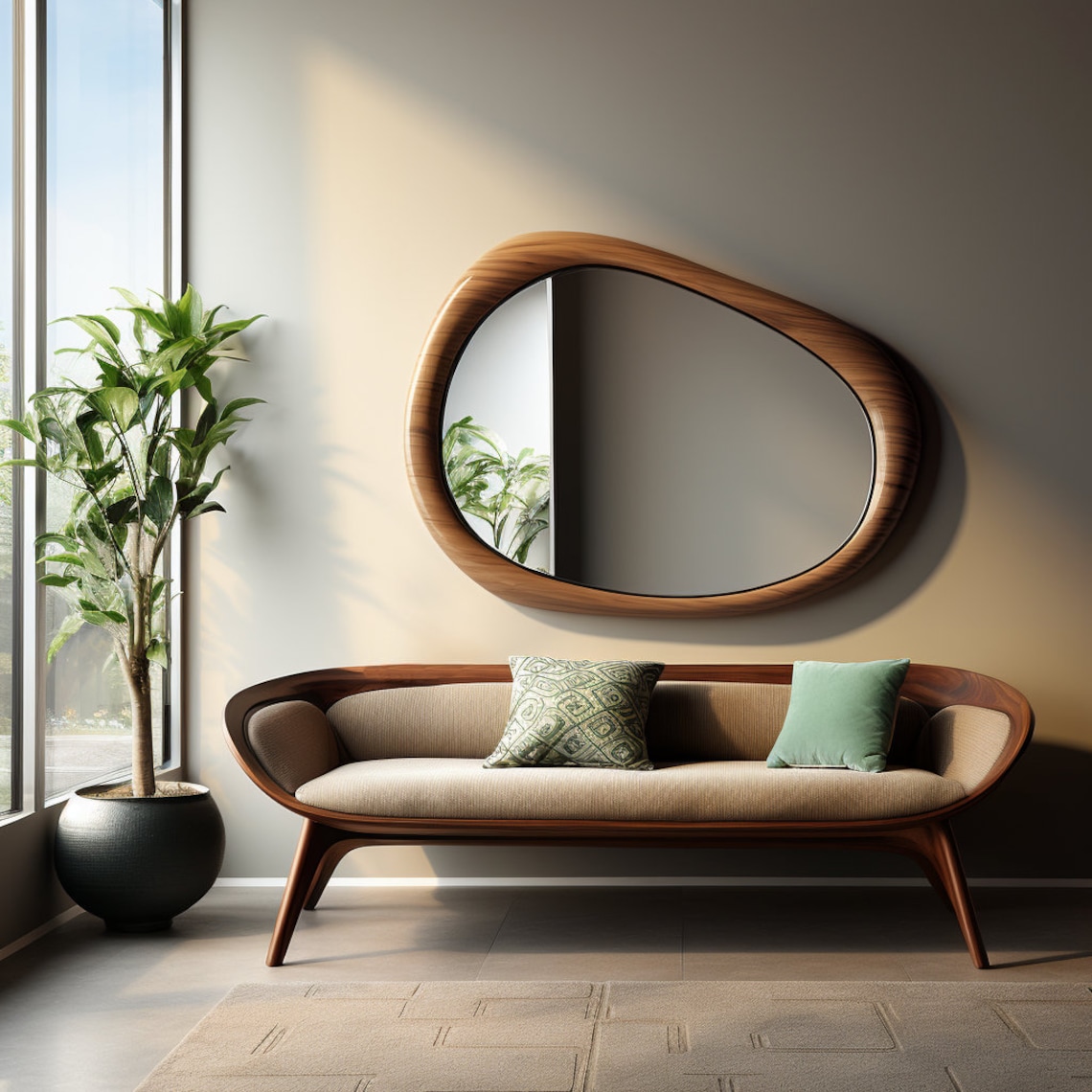 Asymmetrical Wooden Frame Mirror, Irregular Mirror, Home Decor Mirror ...