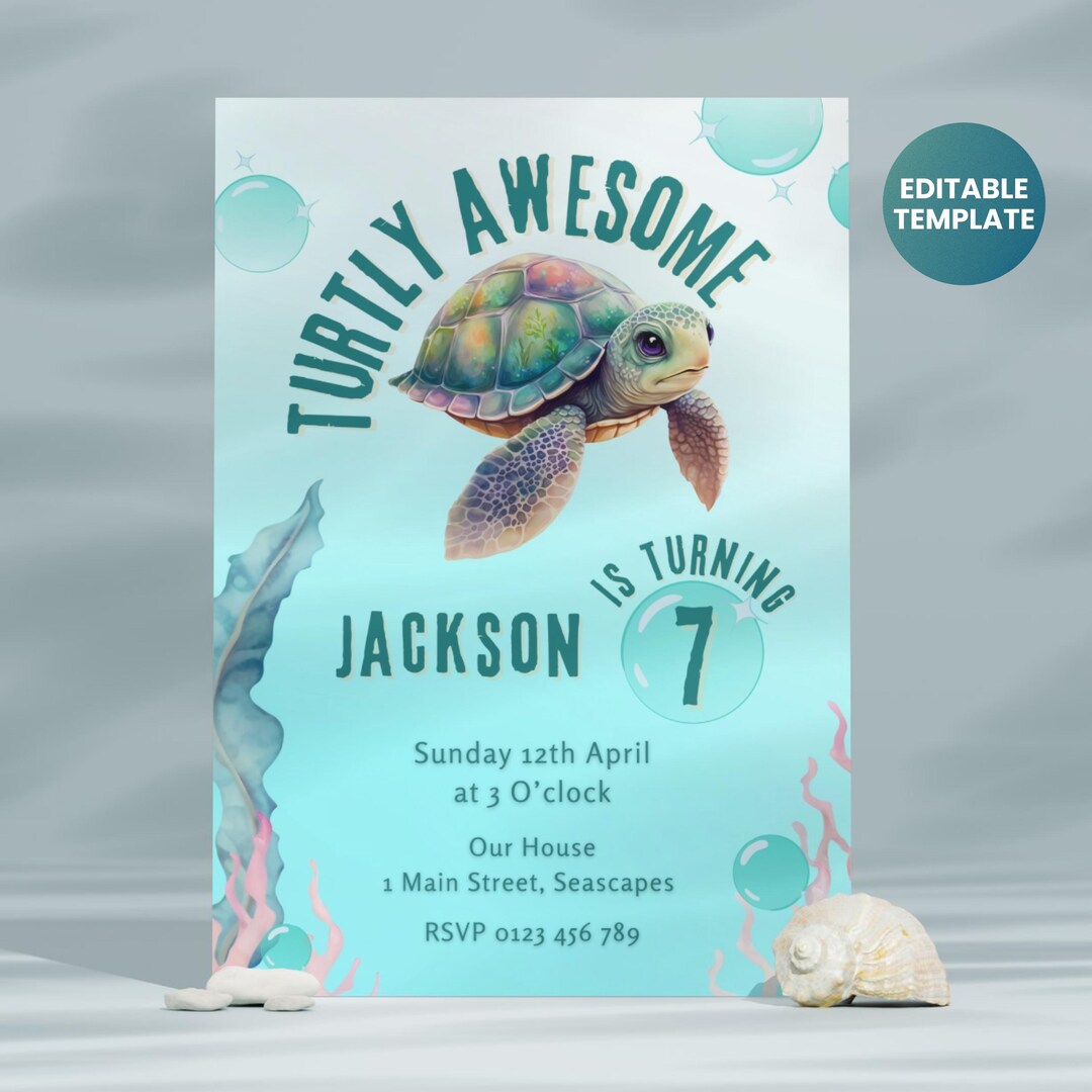 Turtle Birthday Invitation Template, Underwater 7th Birthday Party ...