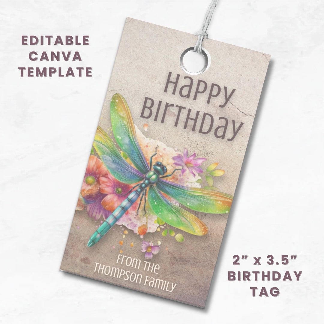 Editable Dragonfly Birthday Tag Template, Happy Birthday Tag, Dragonfly ...