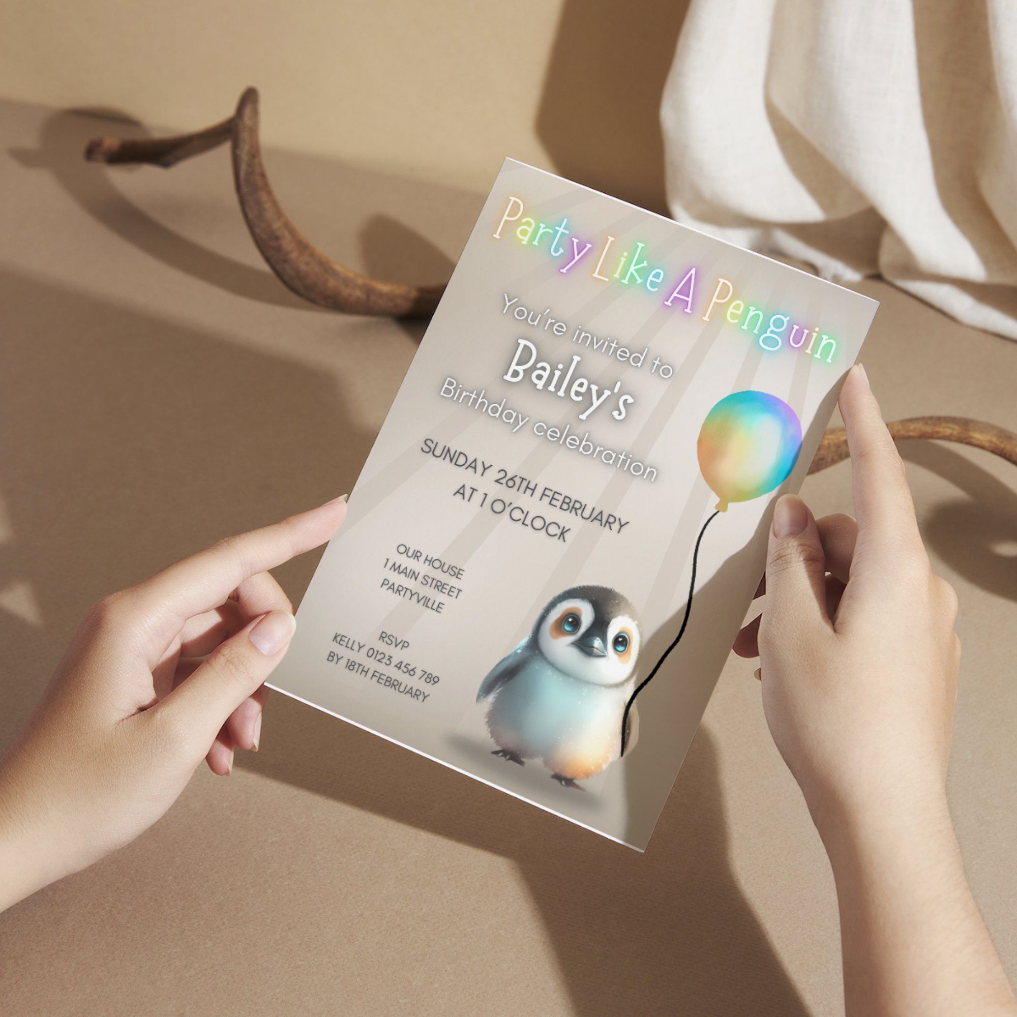 Editable Party Penguin Invitation Template, Penguin Birthday Invitation ...