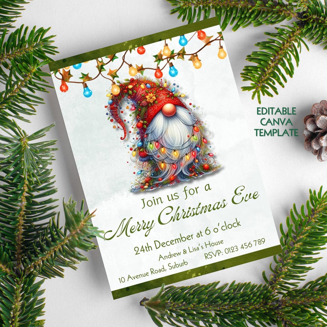 Editable Christmas Eve Gnome Invitation Template, Merry Christmas ...