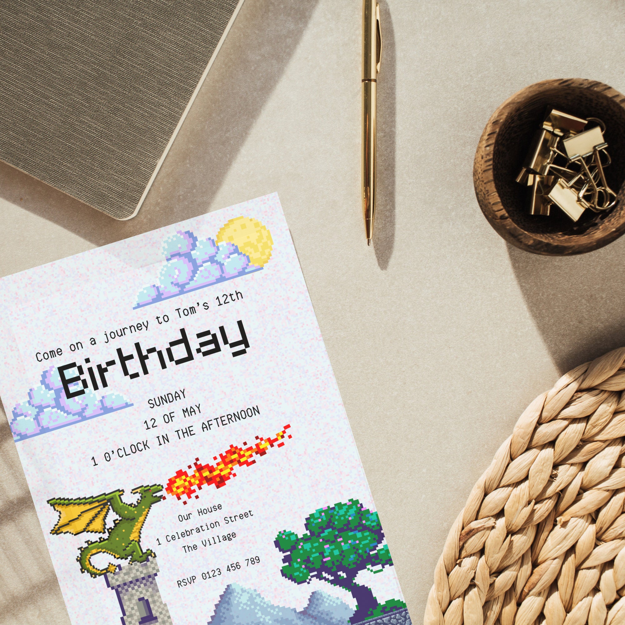 Editable Pixel Dragon Invitation Template, Dragon Birthday Invitation ...
