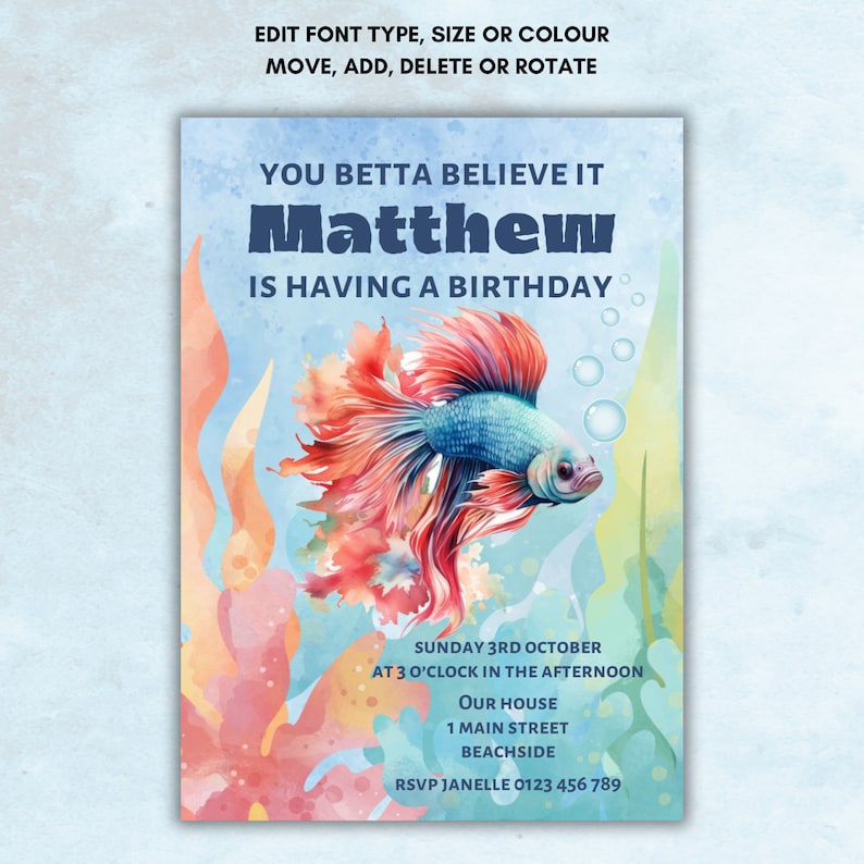 Editable Betta Fish Invitation Template, Fish Birthday Invitation, Fish ...