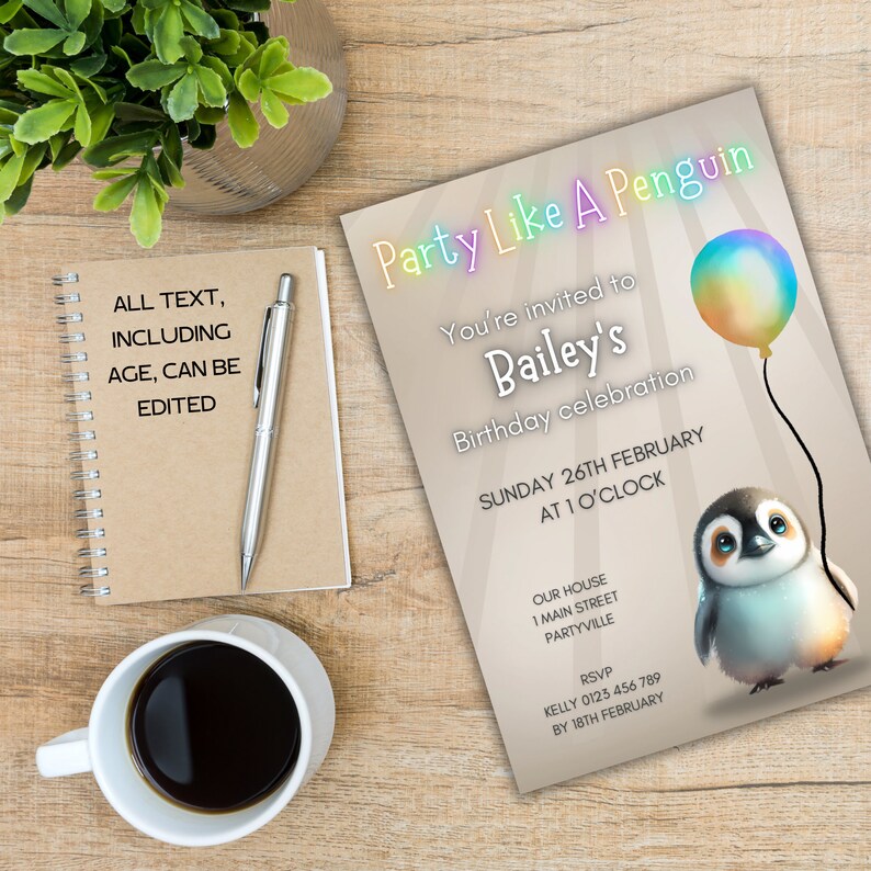 Editable Party Penguin Invitation Template, Penguin Birthday Invitation ...