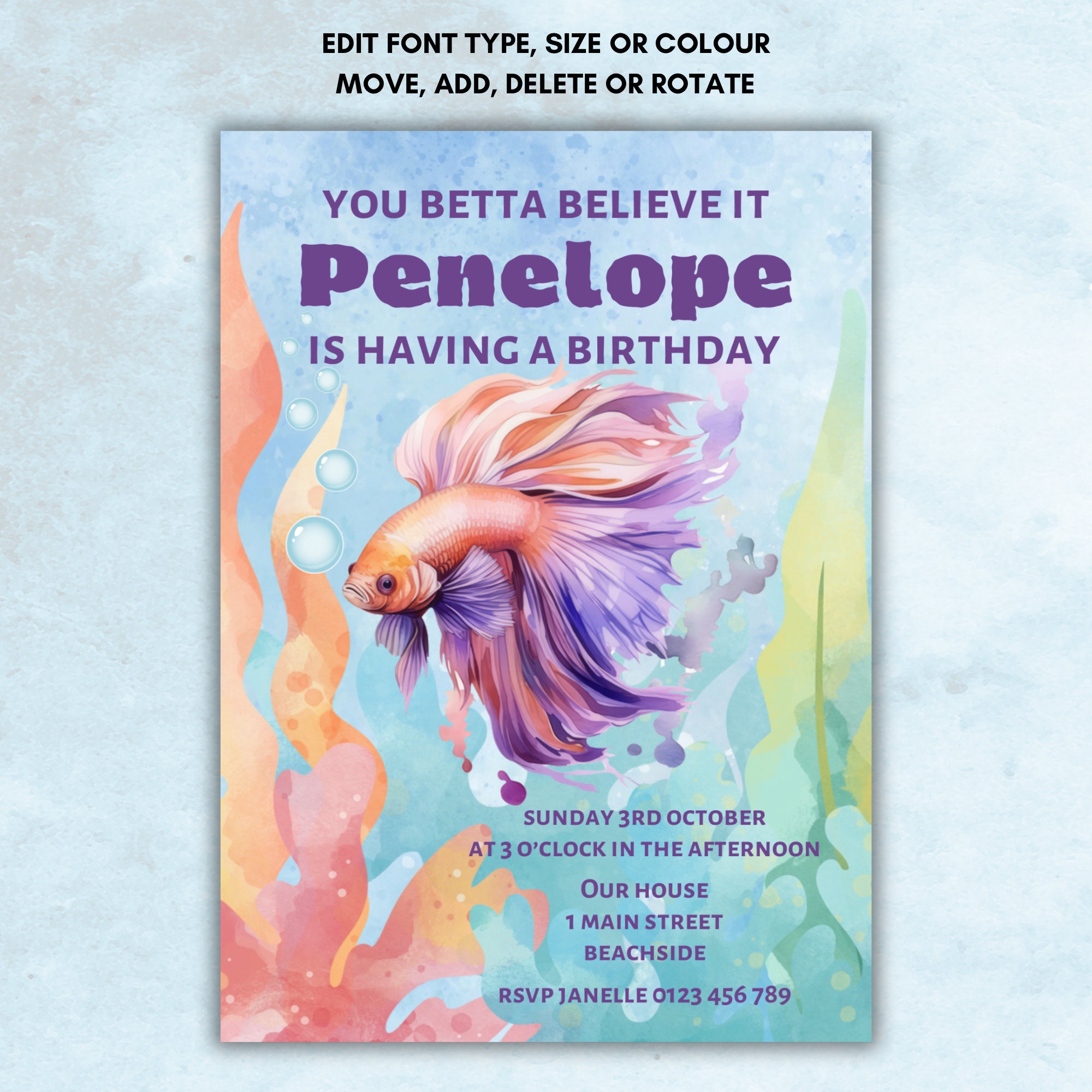 Editable Betta Fish Invitation Template Fish Birthday - Etsy