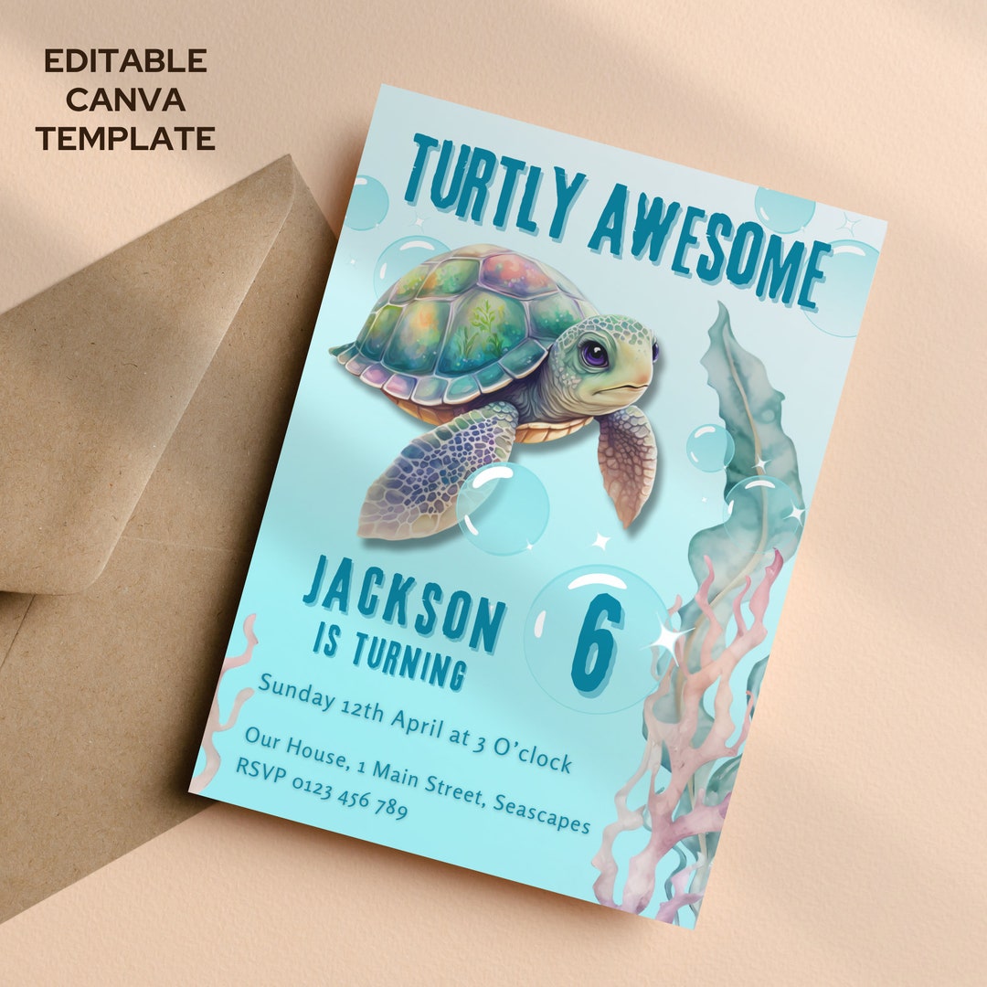 Editable Turtle Invitation Template, 6th Birthday Invitation, Turtle ...
