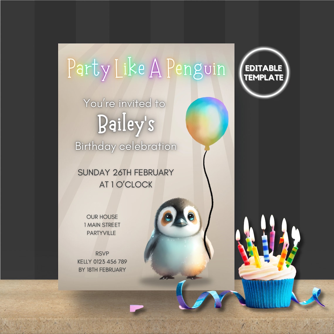Editable Party Penguin Invitation Template, Penguin Birthday Invitation ...